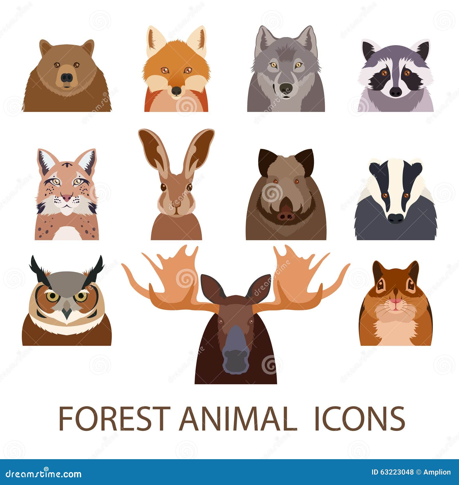 Forest animal flat icons stock vector. Illustration of portrait - 63223048