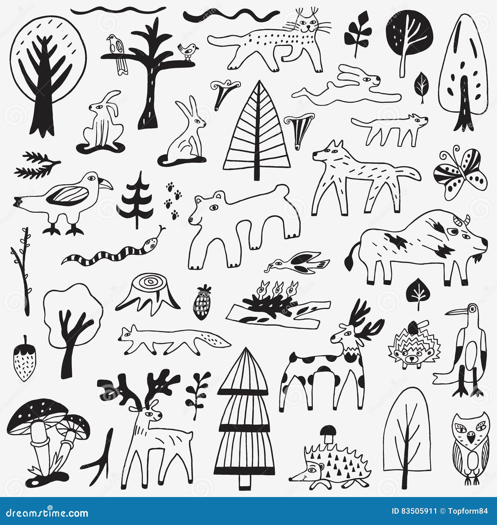 Forest animals doodles stock vector. Illustration of sketch - 83505911