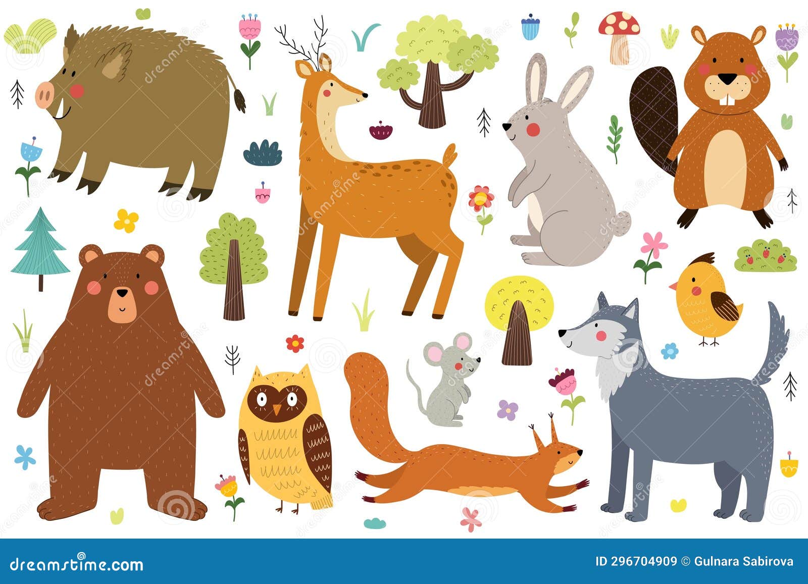 Cute Forest Animals Set. Woodland Characters Collection Stock Vector ...