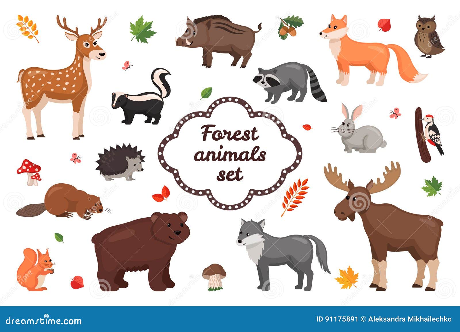 Forest animals set. stock vector. Illustration of acorn - 91175891