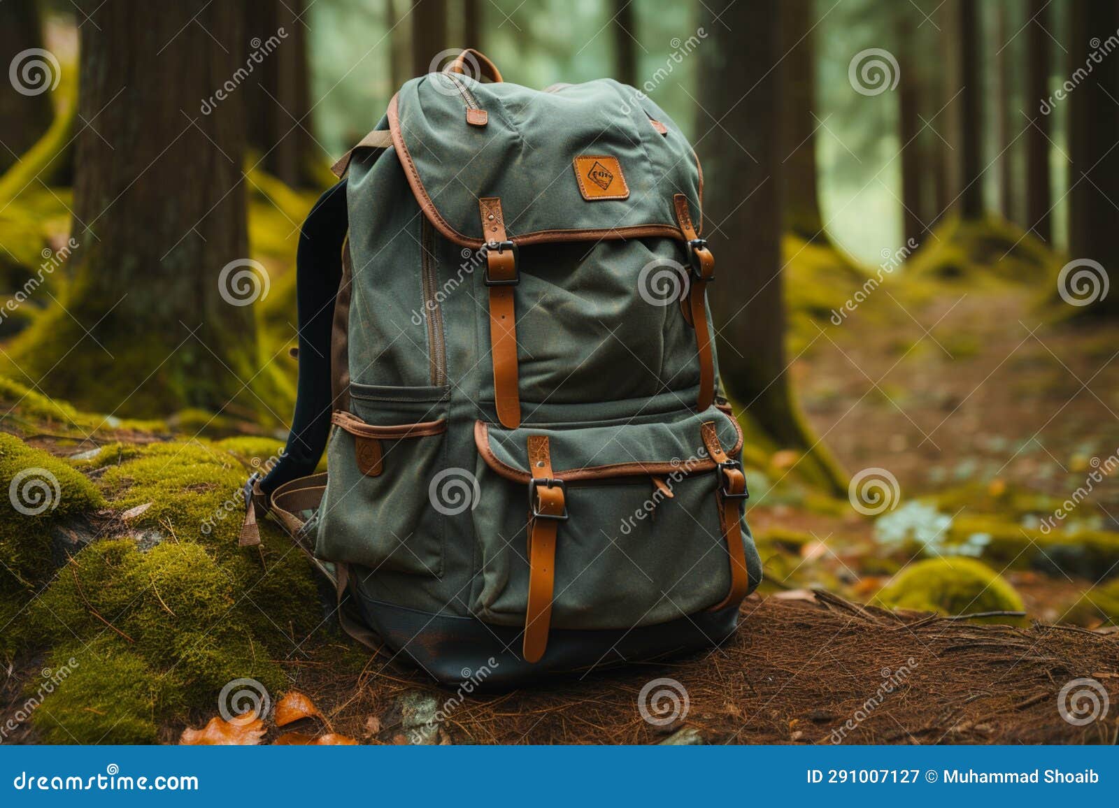 In the Forest, a Backpack Leans Against a Tree, Capturing Hiking Vibes ...