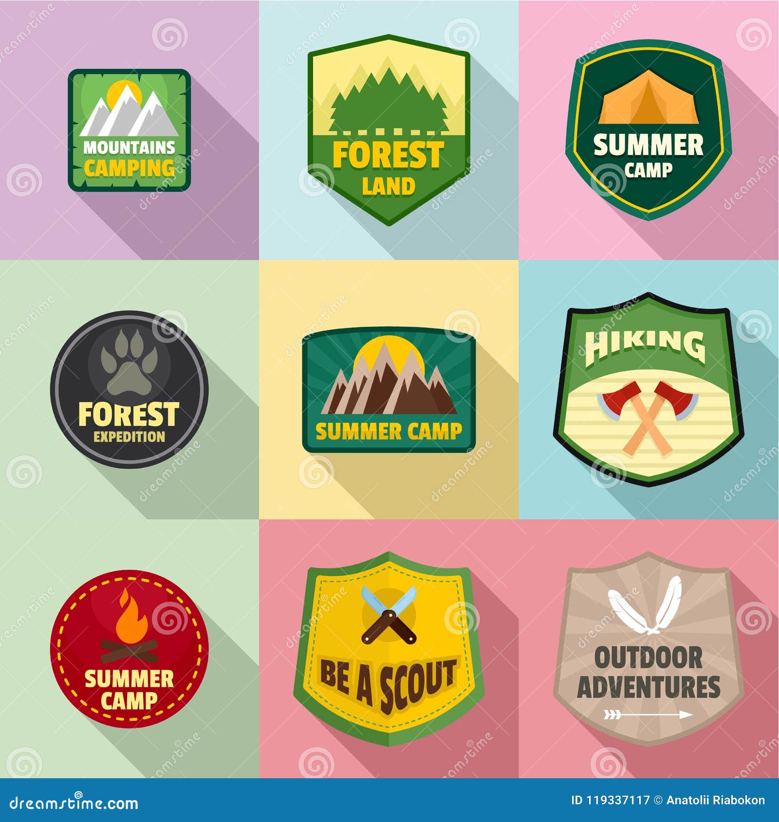 Forest Badge Icons Set, Flat Style Stock Vector - Illustration of bush ...