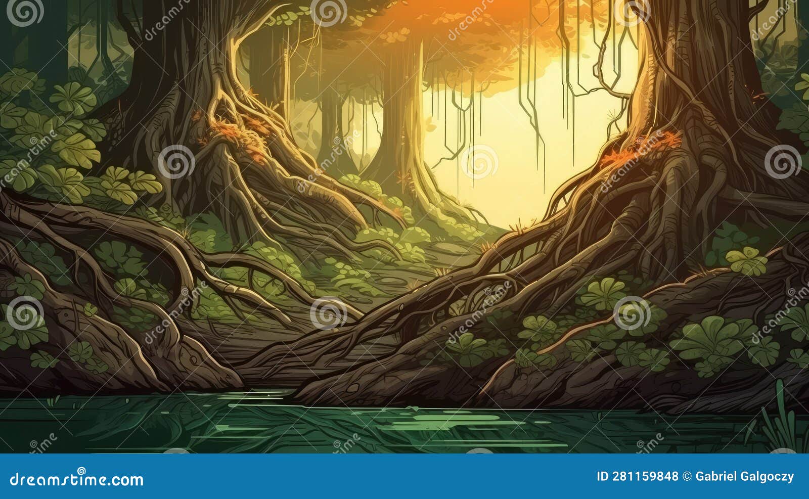 Forest with a Big Tree in the Foreground Stock Illustration ...