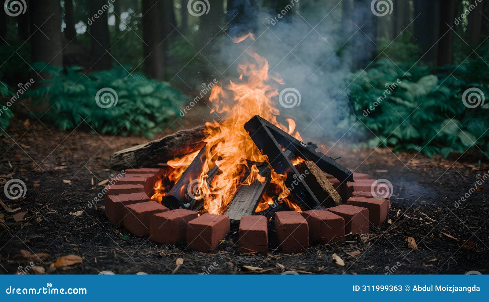 Forest Bonfire Burning Wood and Brick Surrounding with Smoke Stock ...