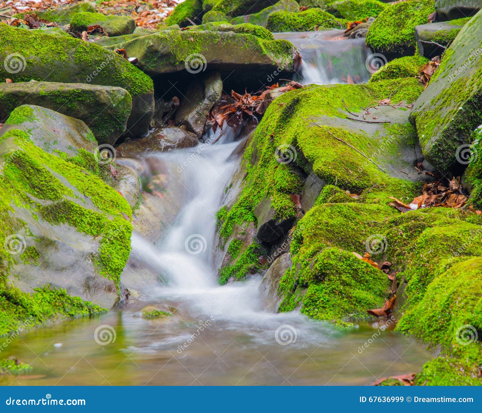 Forest Brook Waterfall between Mossy Rocks Stock Image - Image of ...