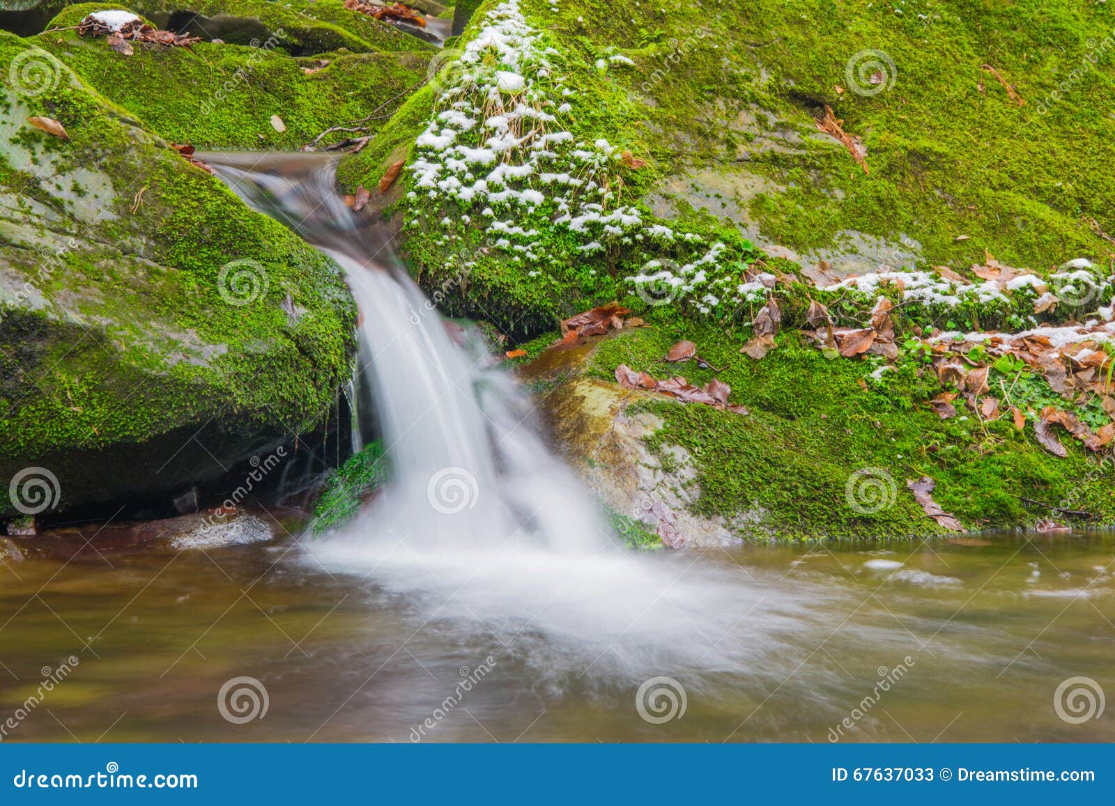 Forest Brook Waterfall between Mossy Rocks Stock Image - Image of brook ...