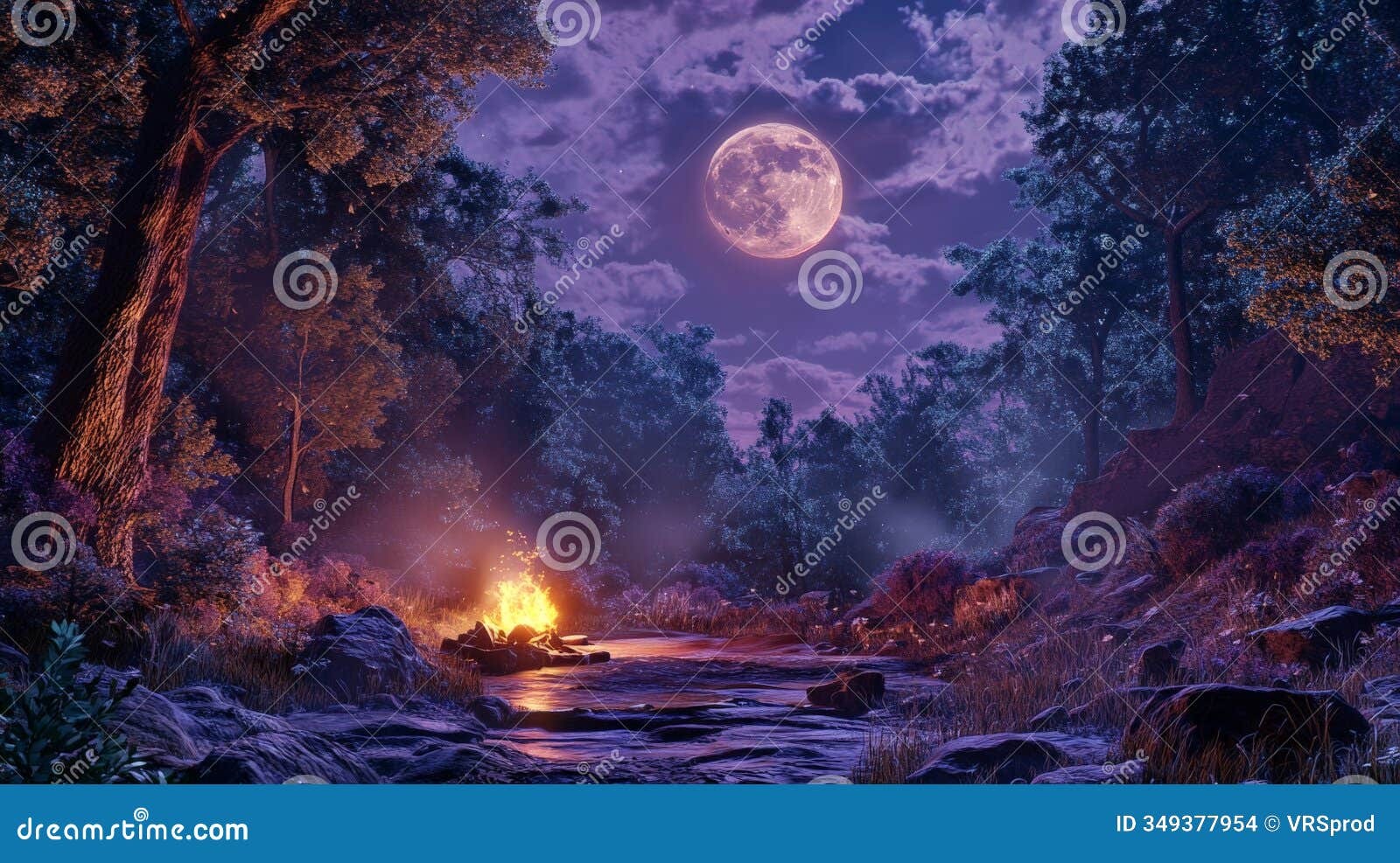 Forest Campfire Under Moonlight with Cloudy Sky at Night Stock Photo ...