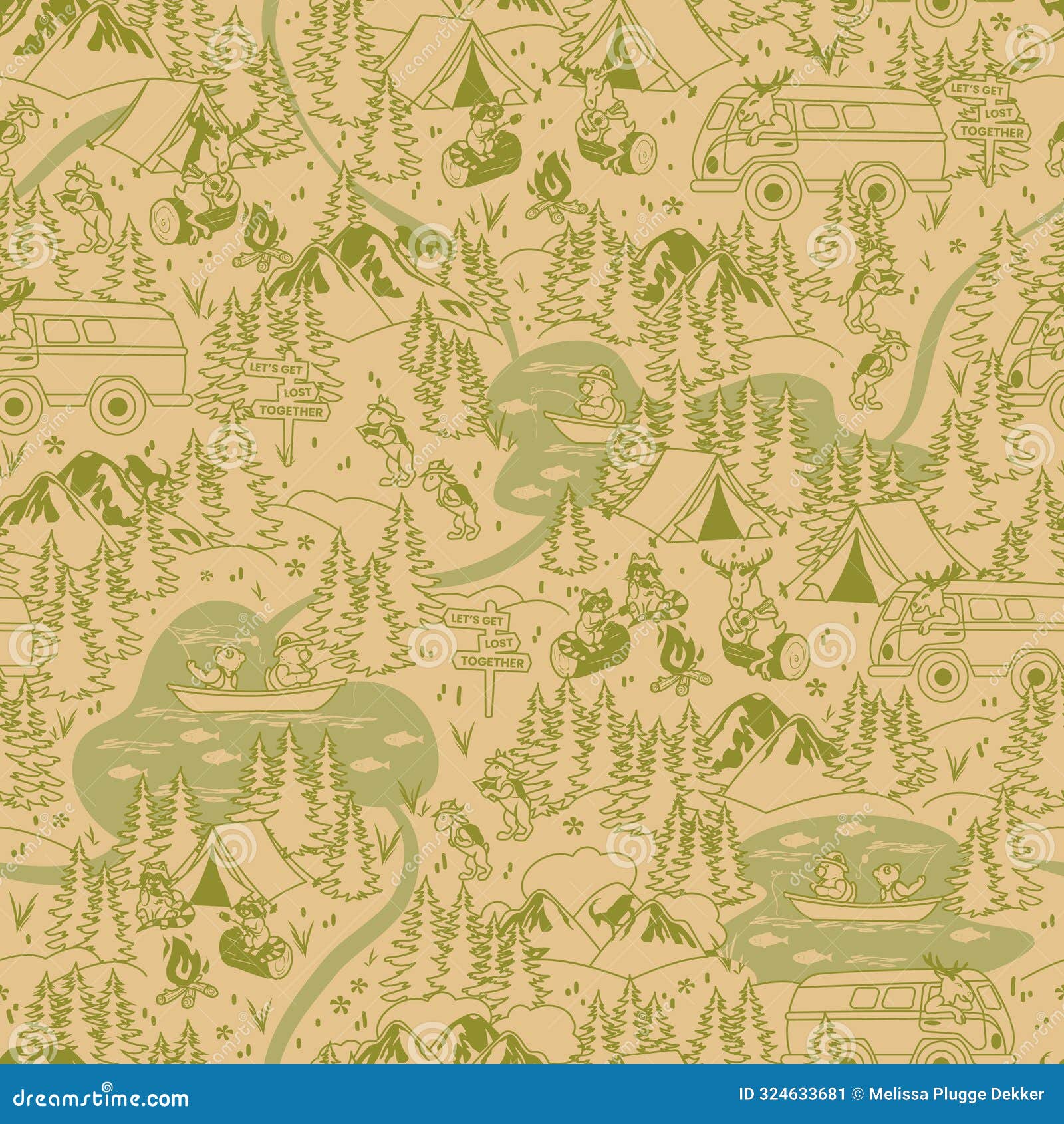Forest Camping Map Seamless Line Drawing Pattern Cartoon Vector ...