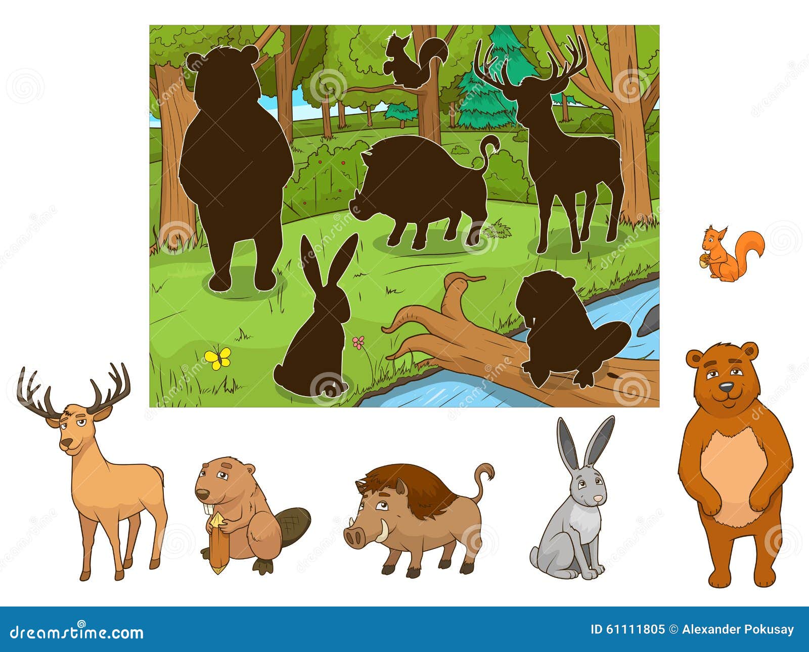 Forest Cartoon Animals with Shadows Vector Stock Vector - Illustration ...