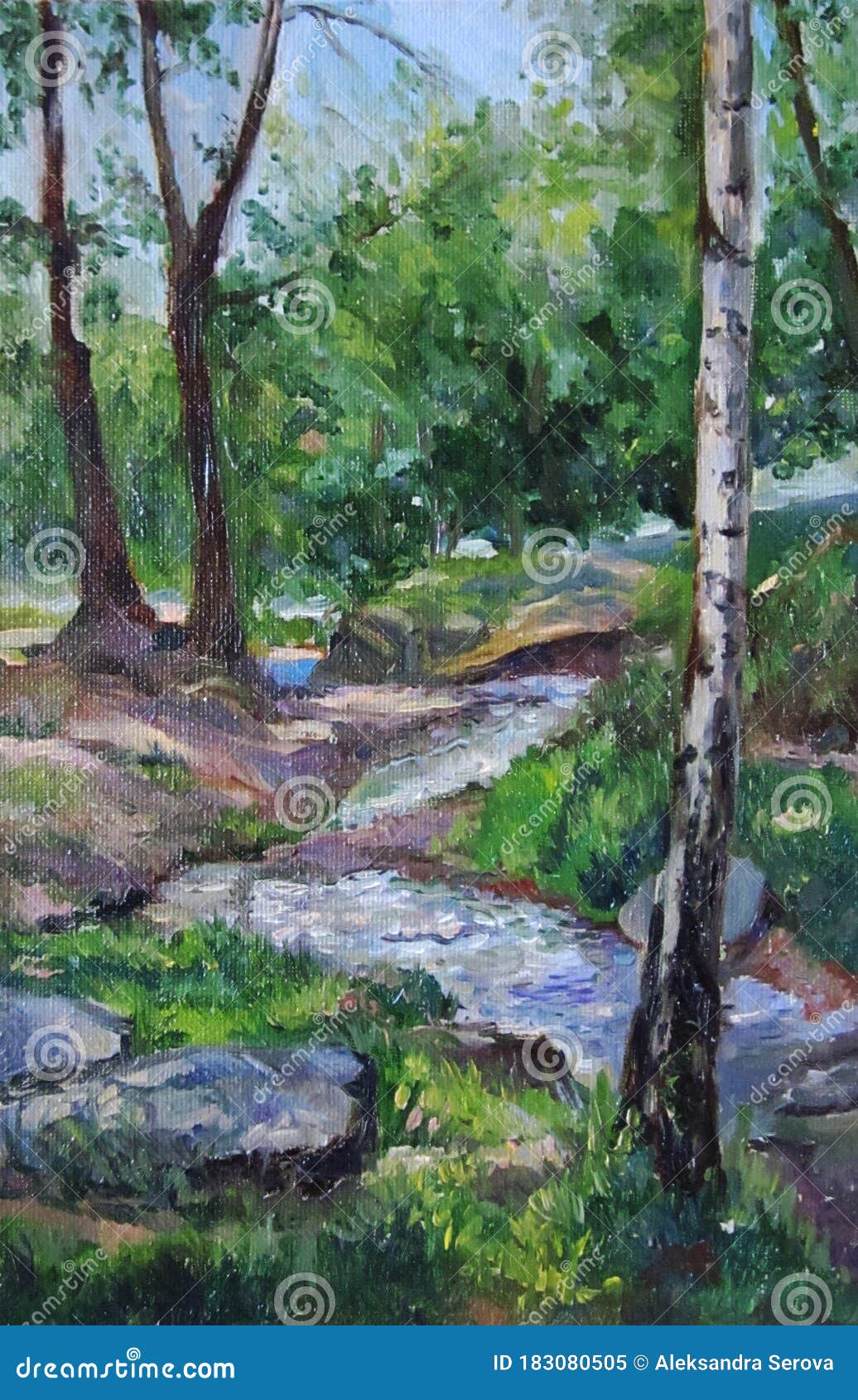 Forest Clean Stream in Summer, Oil Painting Stock Illustration ...