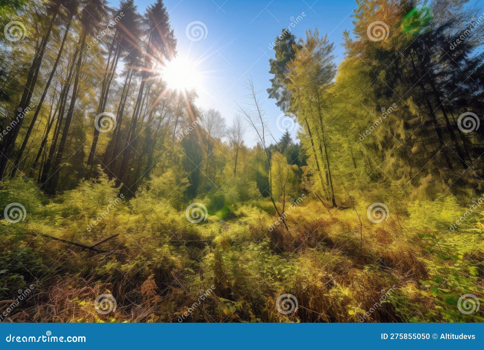 Forest with Clear Blue Sky and Sun Shining Down on the Trees Stock ...