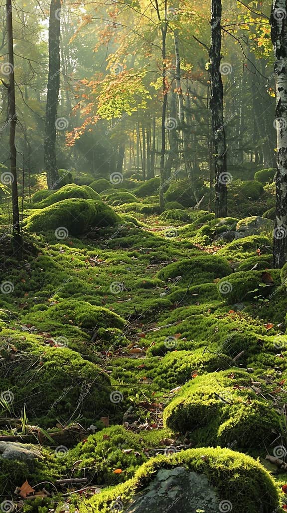 Forest Clearing Covered in Moss and Rocks Stock Illustration ...