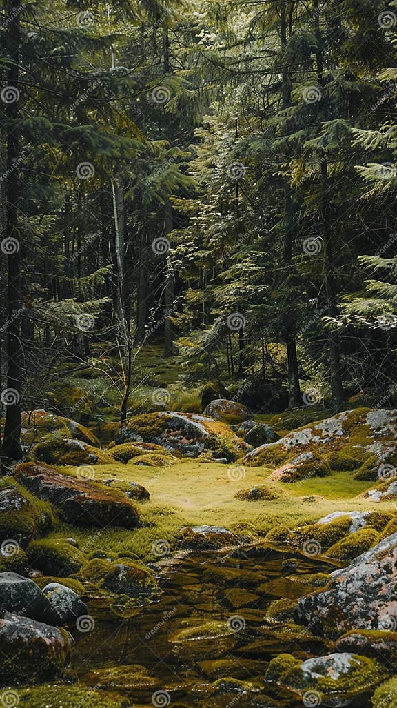 Forest Clearing Covered in Moss and Rocks Stock Illustration ...