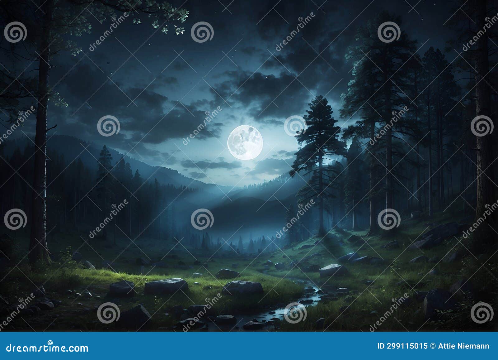 A Forest Clearing at Night, with the Rays of a Full Moon Illuminating ...