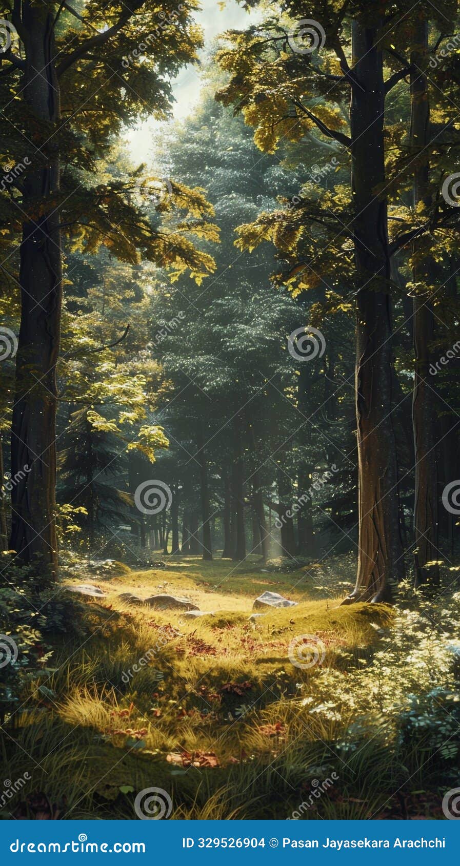 Forest Clearing Sunlight Filtering through Trees Stock Illustration ...