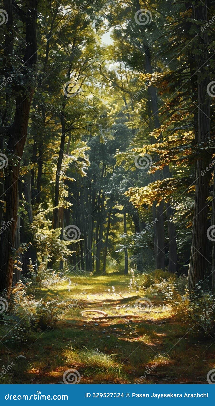 Forest Clearing Sunlight Filtering through Trees Stock Illustration ...