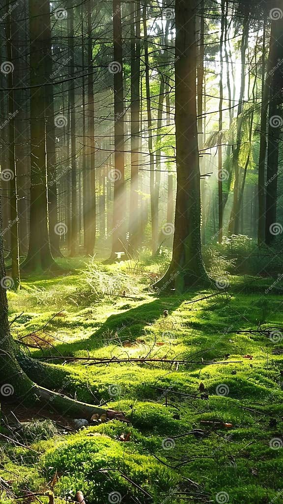 Forest Clearing Sunlight Filtering through Trees Stock Illustration ...