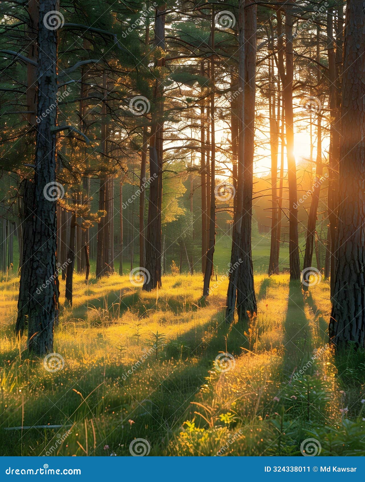 Sunlit Forest Clearing at Sunset Stock Illustration - Illustration of ...