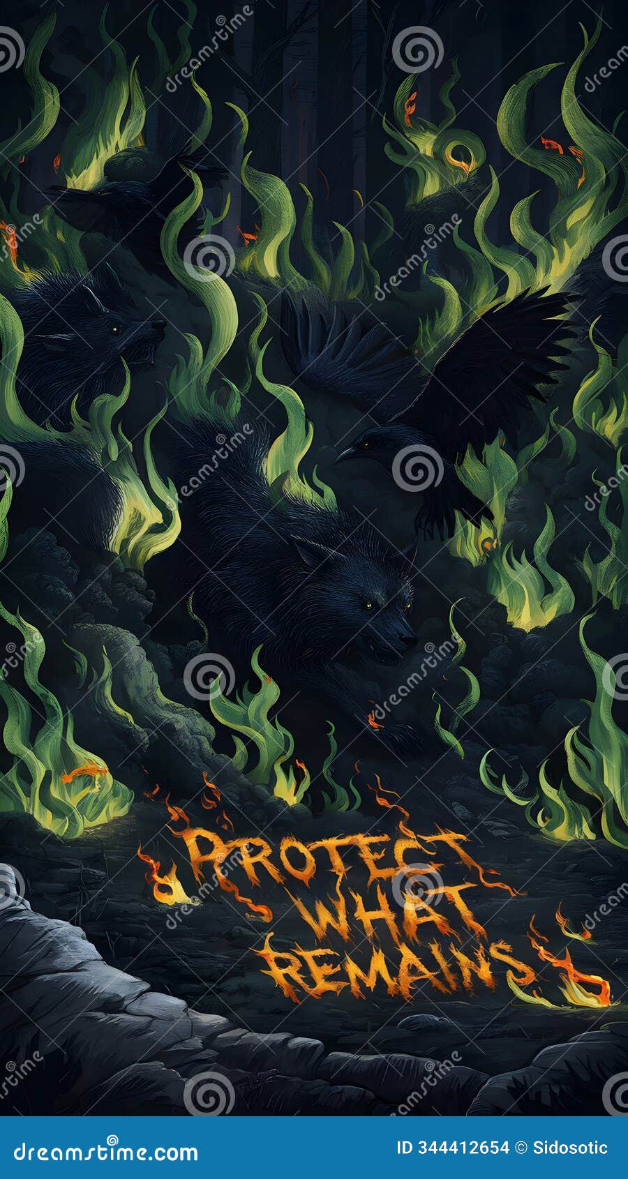 Forest Consumed by Greenish-Black Flames with Spectral Animals Stock ...