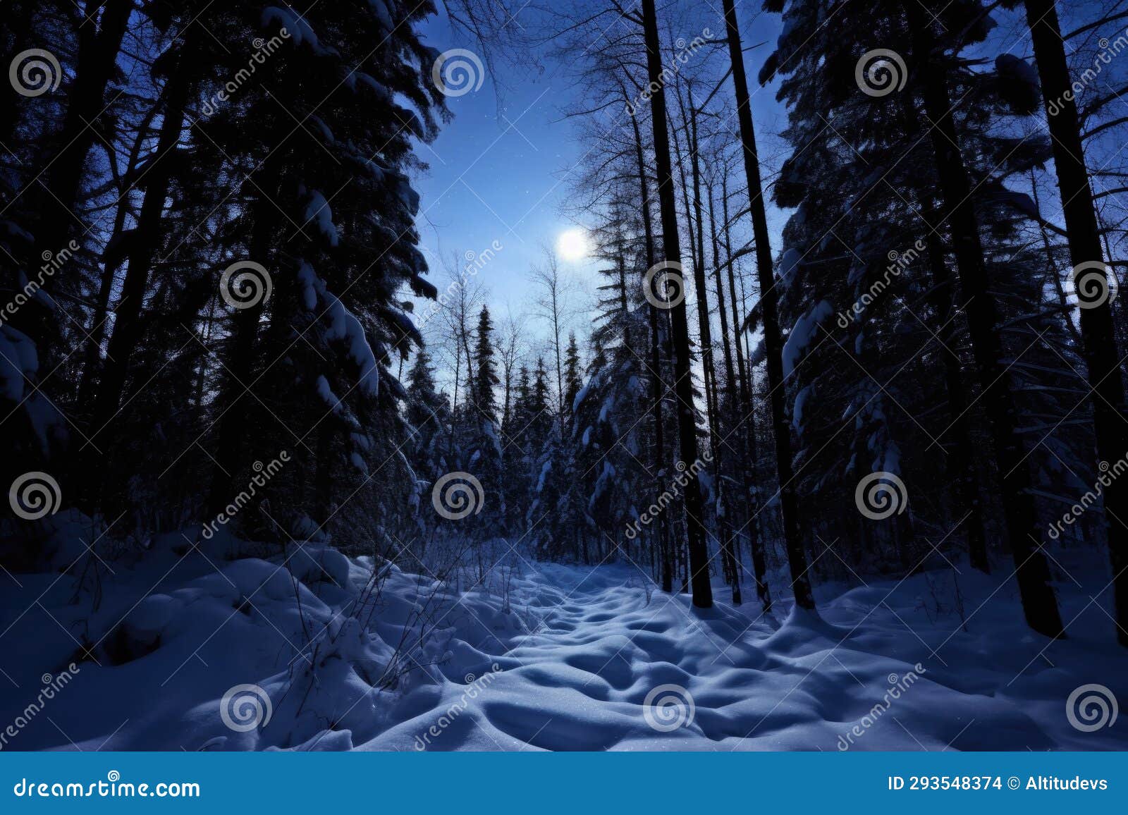 Forest Covered in Snow Under a Moonlit Sky Stock Photo - Image of ...