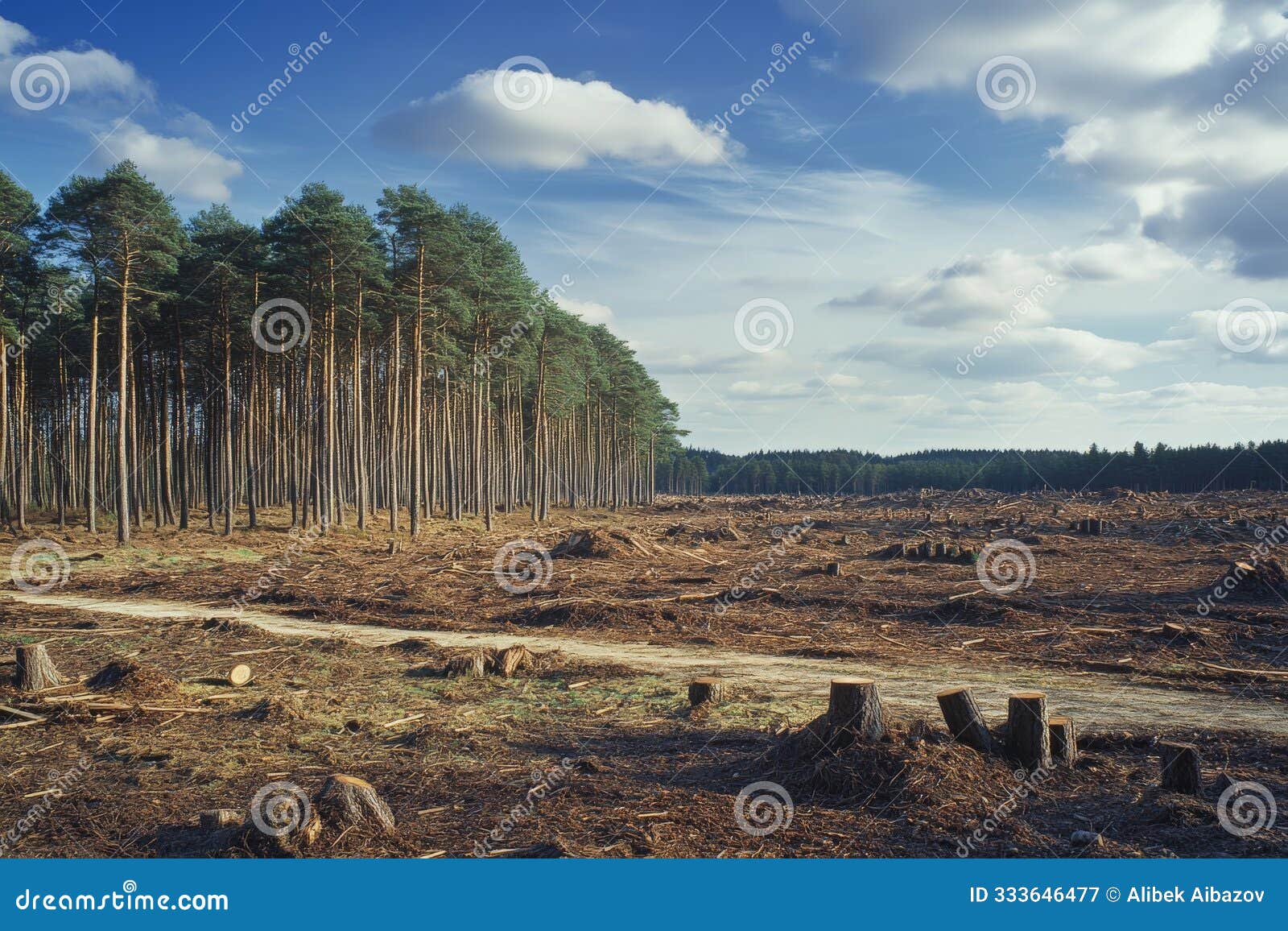 Forest Deforestation Under Clear Blue Sky with Tree Stumps and Logging ...
