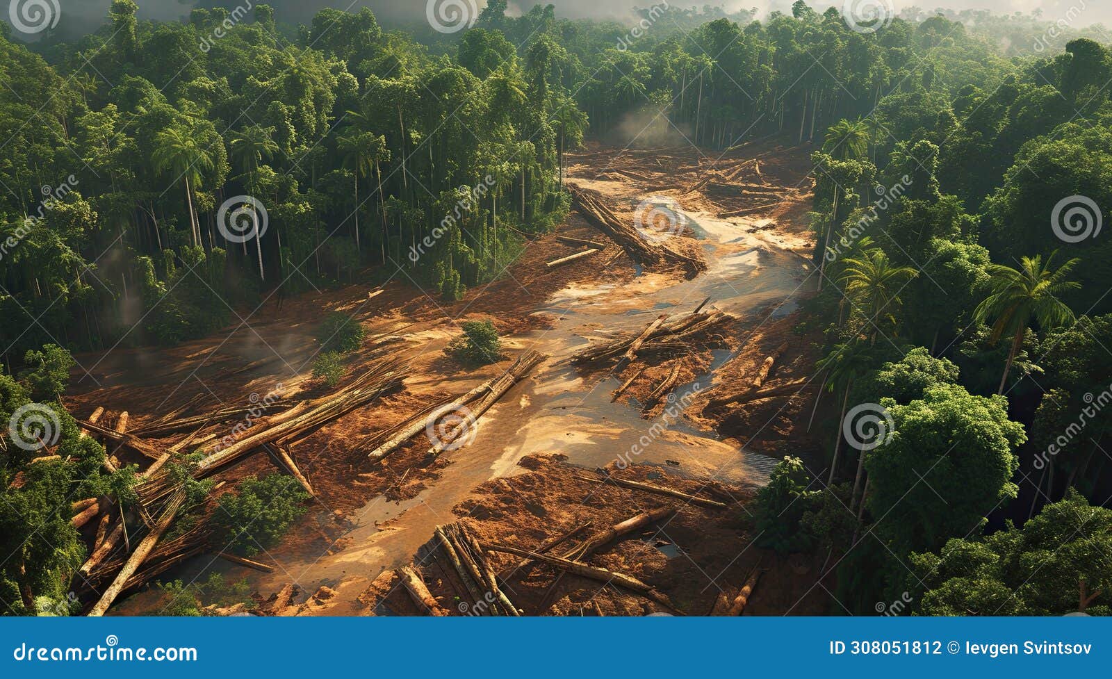 Forest Devastation Mud-filled River Lined with Cut-down Trees and Logs ...