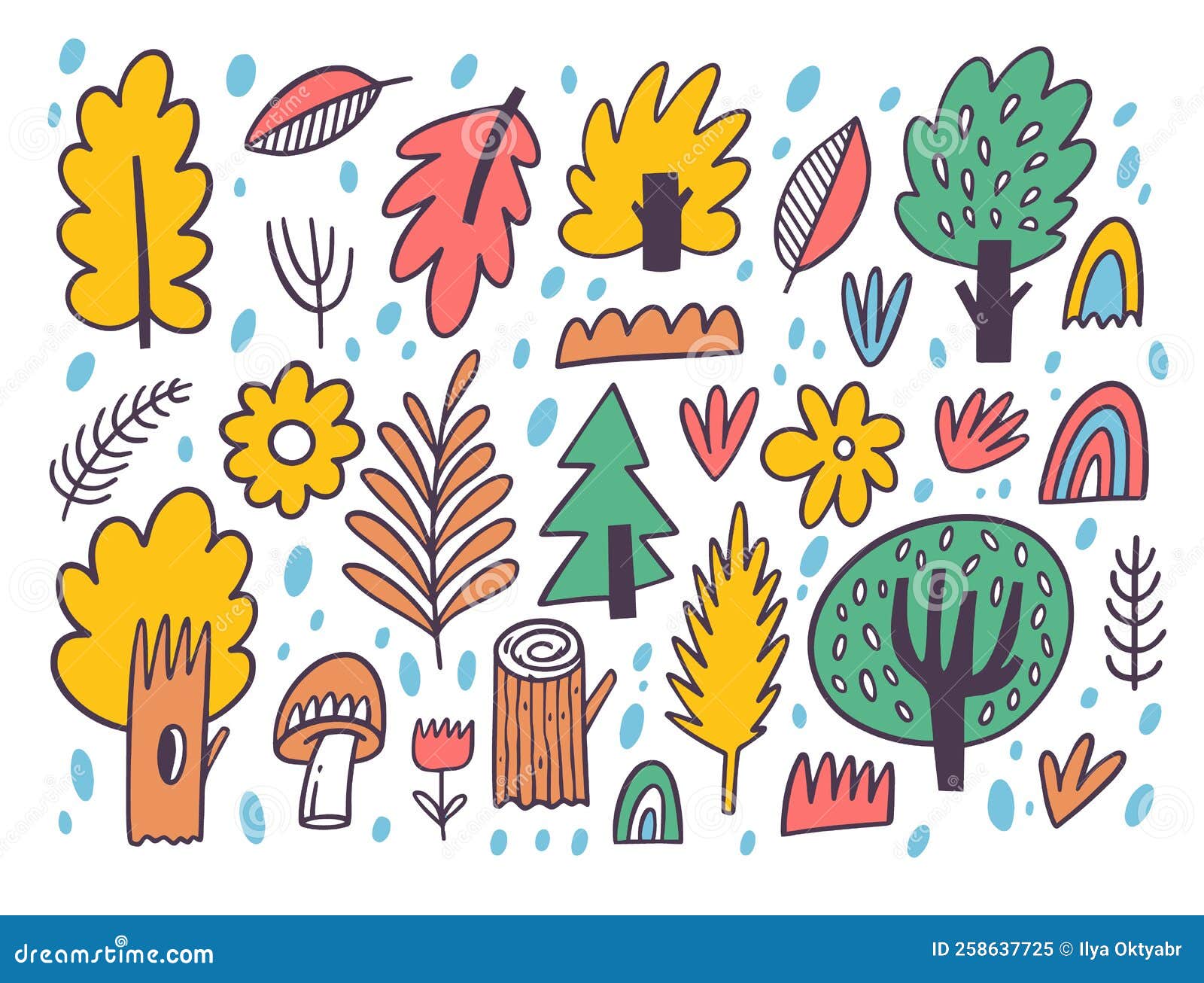 Forest Doodle Elements Set. Colorful Cartoon Style Vector Illustration ...