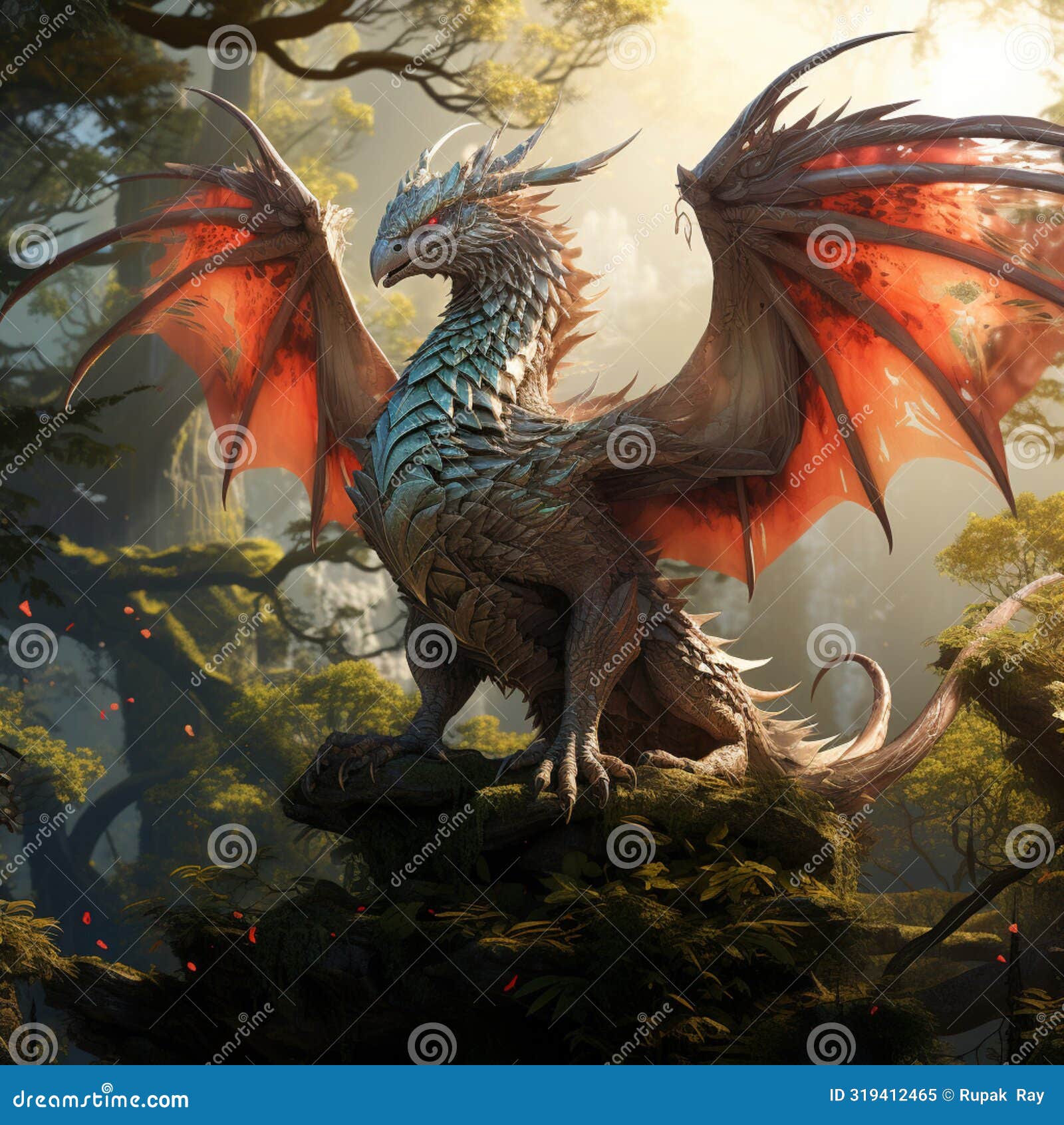 Forest Dragon with a Bird on Its Wings Stock Illustration ...