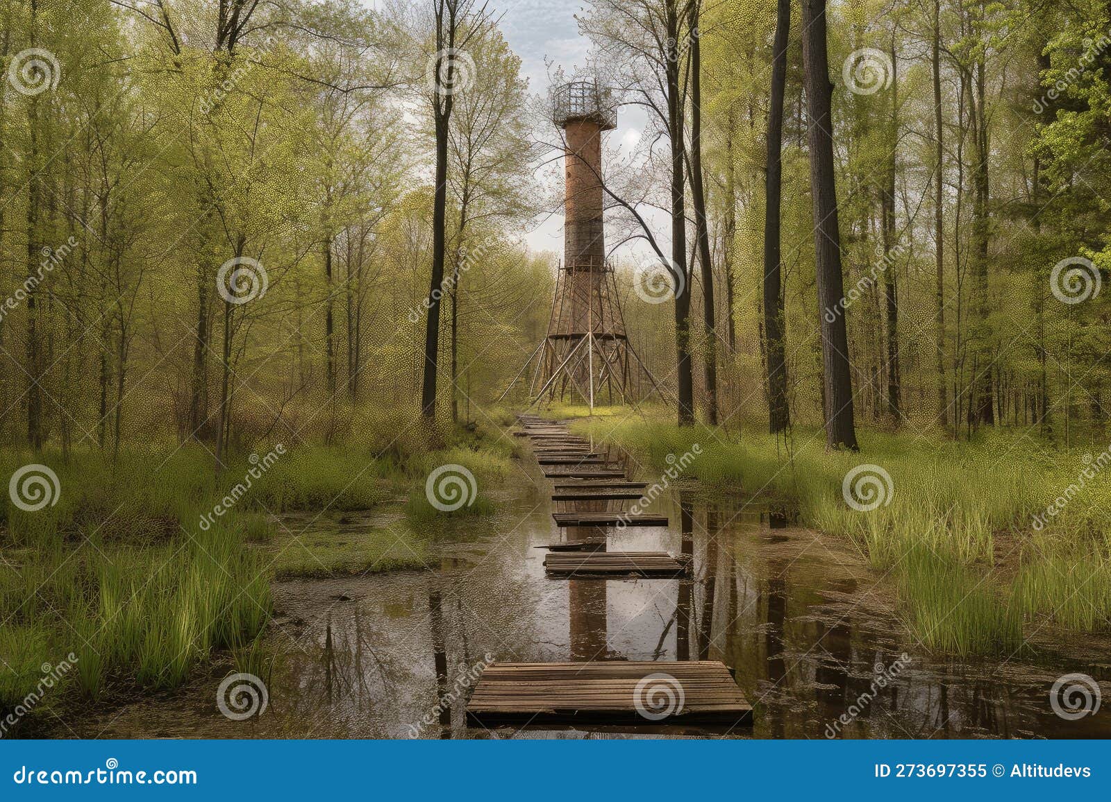 Forest with Duckboards Path and Water Tower in the Distance Stock Image ...