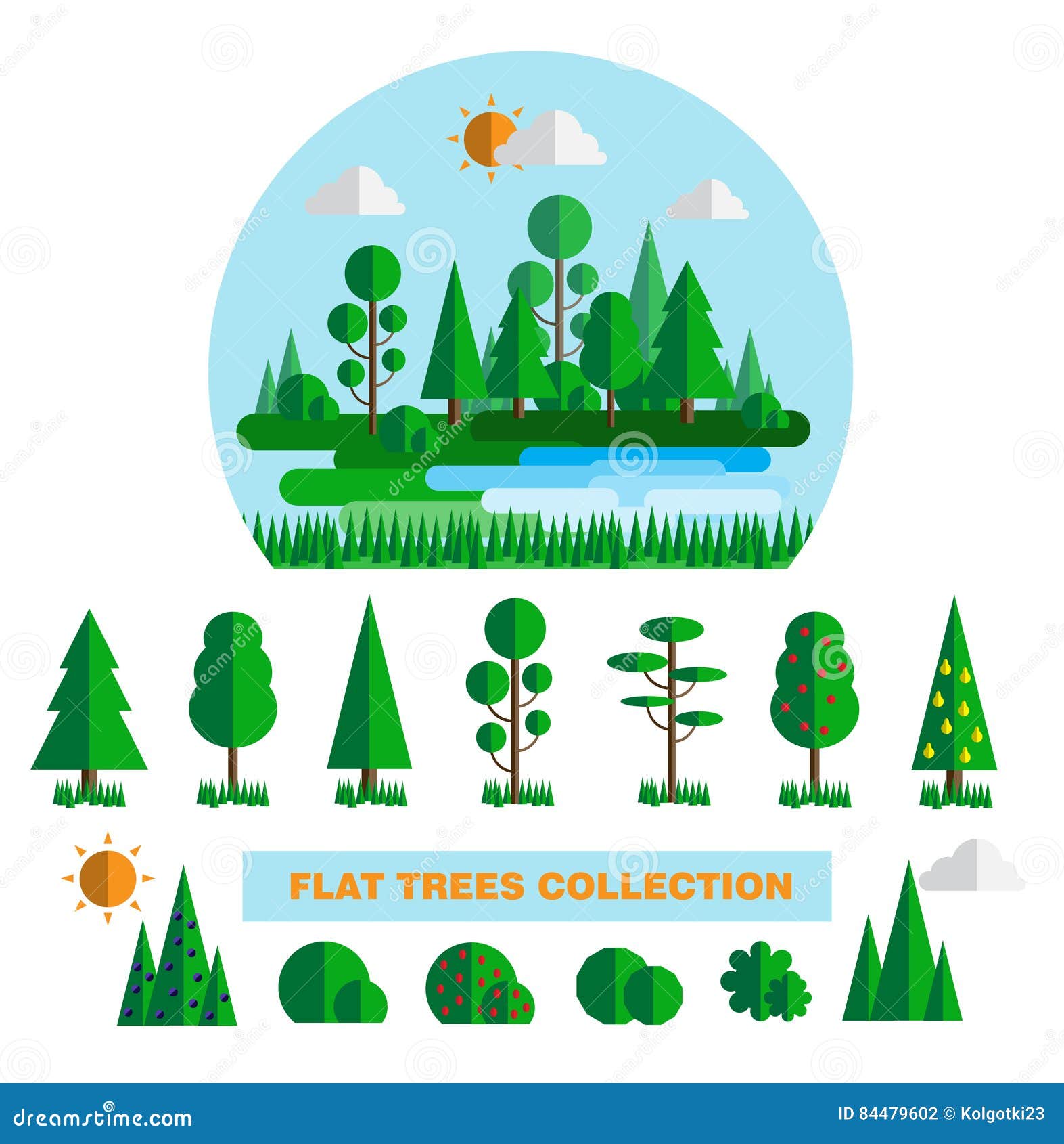 Forest Elements Set with Trees Bushes Plants Log and Stump Isolated ...