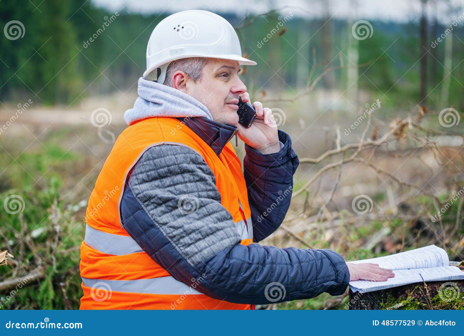 Forest Engineer with Cell Phone and Documents in the Forest Stock Image ...