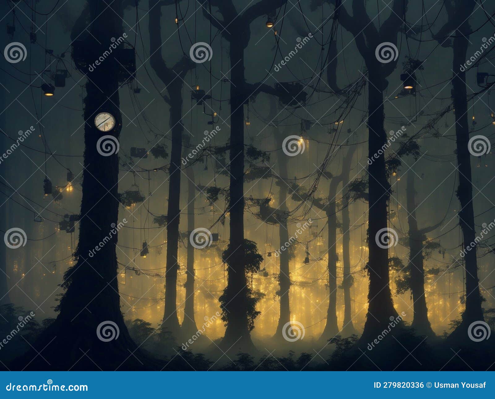 A Forest Filled with Lots of Trees Covered in Lights Stock Illustration ...