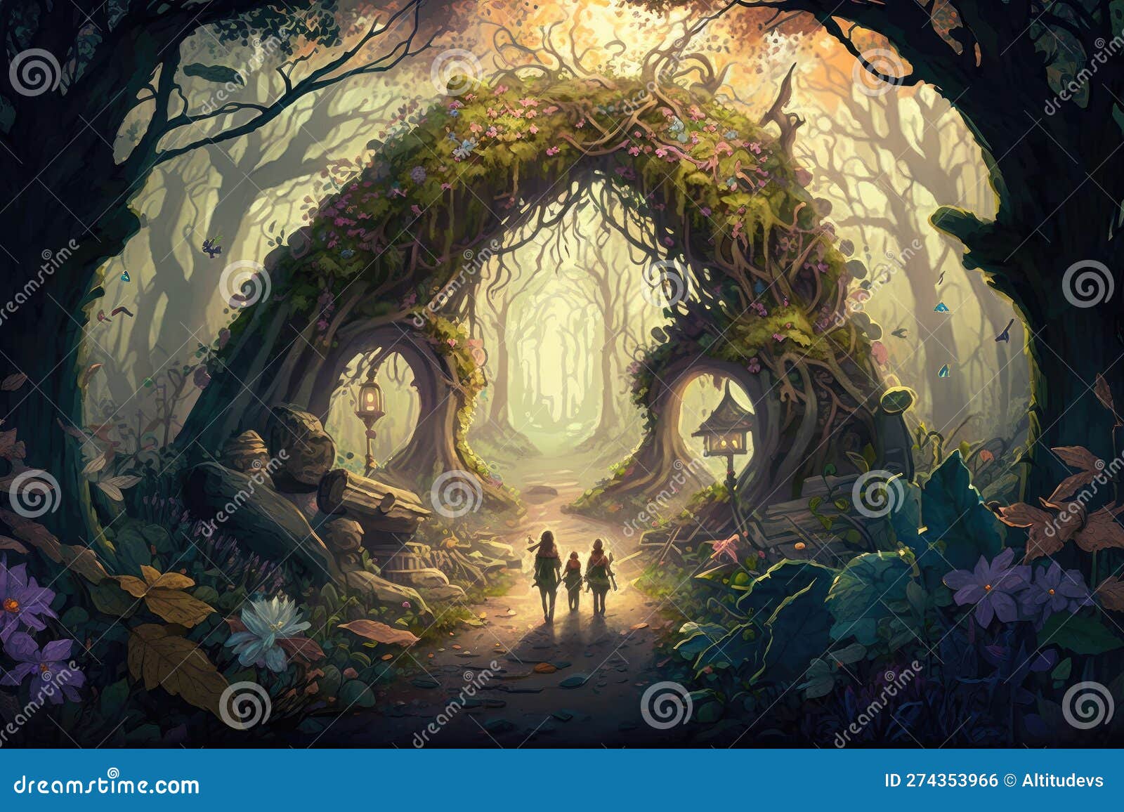 Forest Filled with Trees and Flowers, with Elves at Work Stock Photo ...
