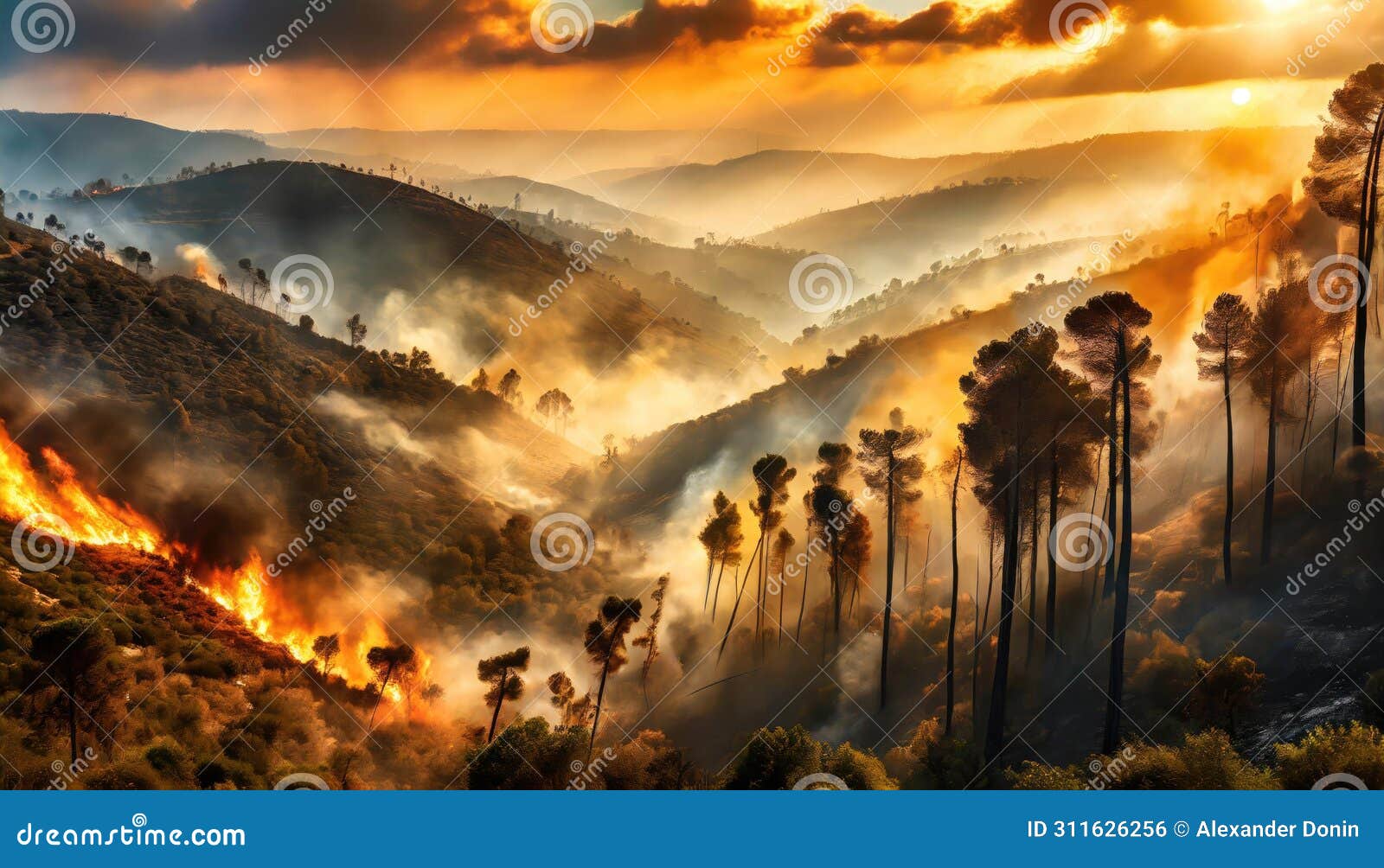 A Forest Fire is Being Extinguished by Spraying Water from a Hose Stock ...