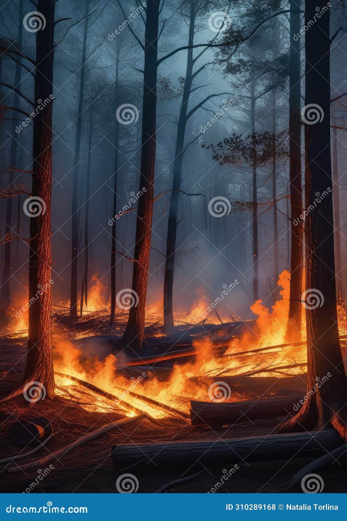 Forest Fire, Burning Pine Trees in the Foreground Stock Illustration ...