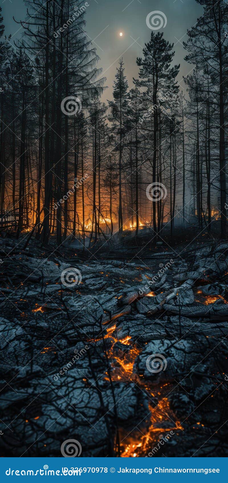 A Forest Fire Burns through a Forest at Night, Leaving a Path of ...