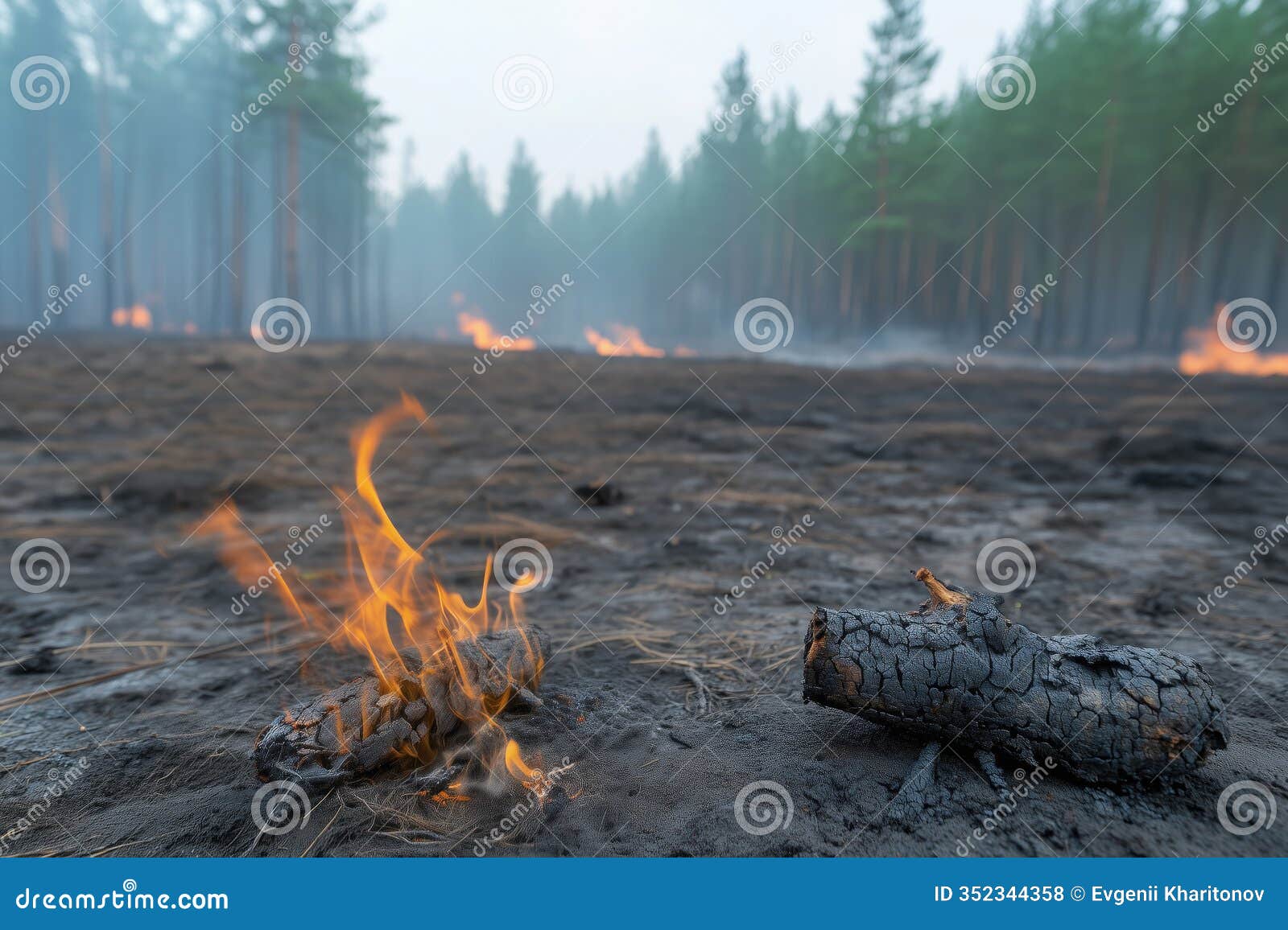 Forest Fire, Burnt Vegetation on the Ground in the Foreground Stock ...
