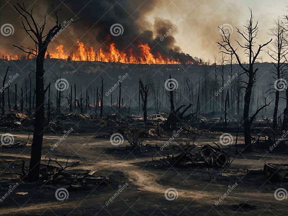 Forest Fire Charred Trees Fire in the Distance Stock Photo - Image of ...