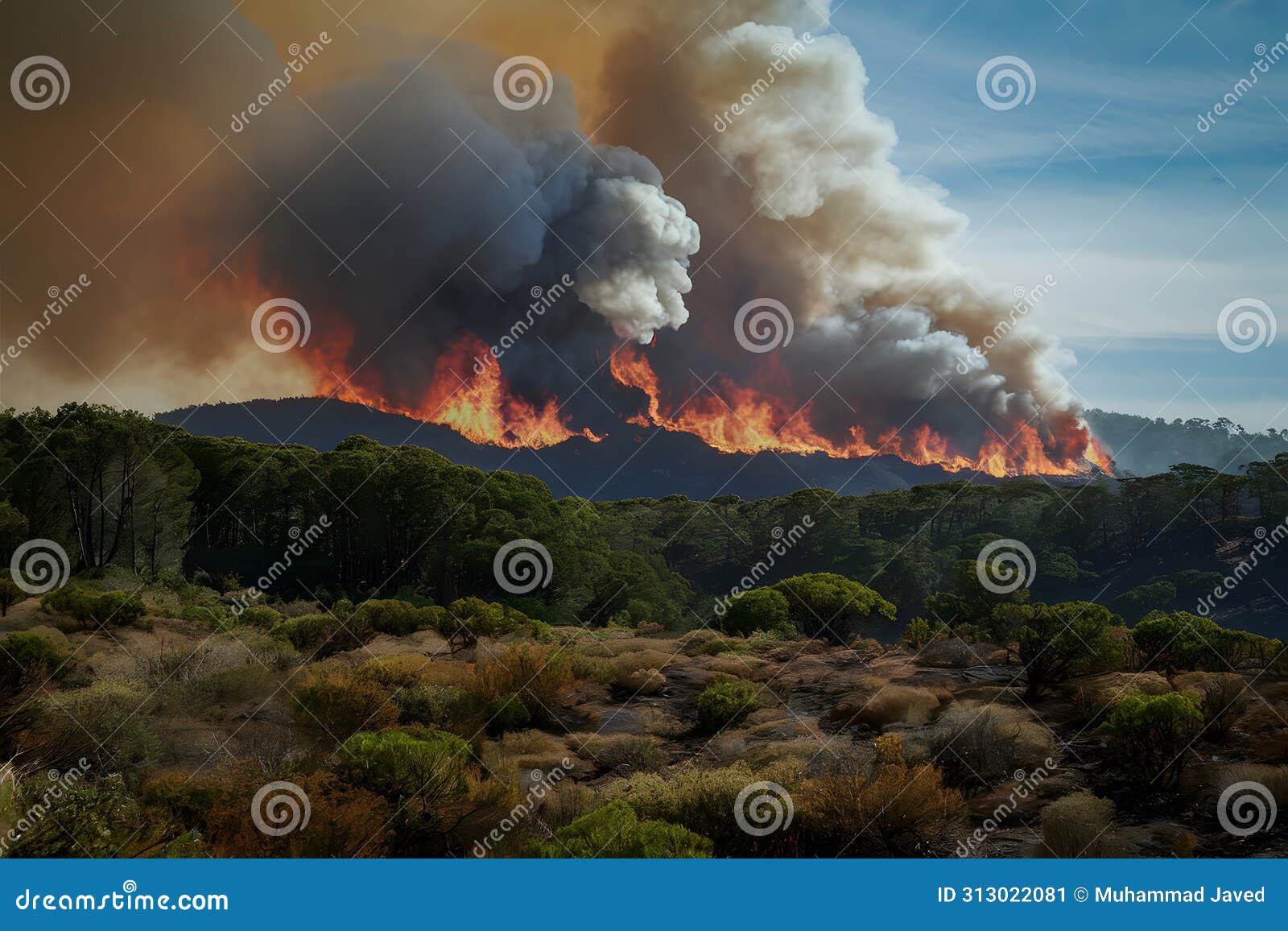 Forest Fire Devastates With Burning Plants And Billowing Smoke Royalty ...