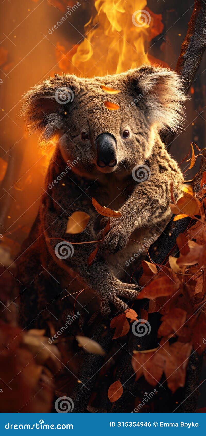 Forest Fire, Disasters. Koala on a Tree in a Burning Forest. Generative ...