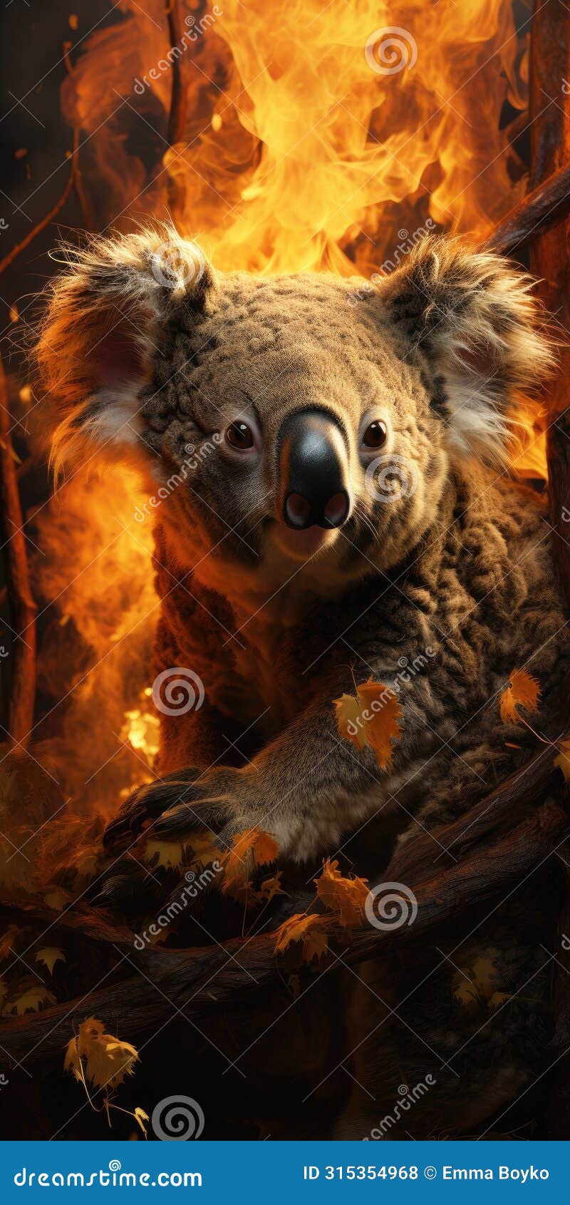 Forest Fire, Disasters. Koala on a Tree in a Burning Forest. Generative ...