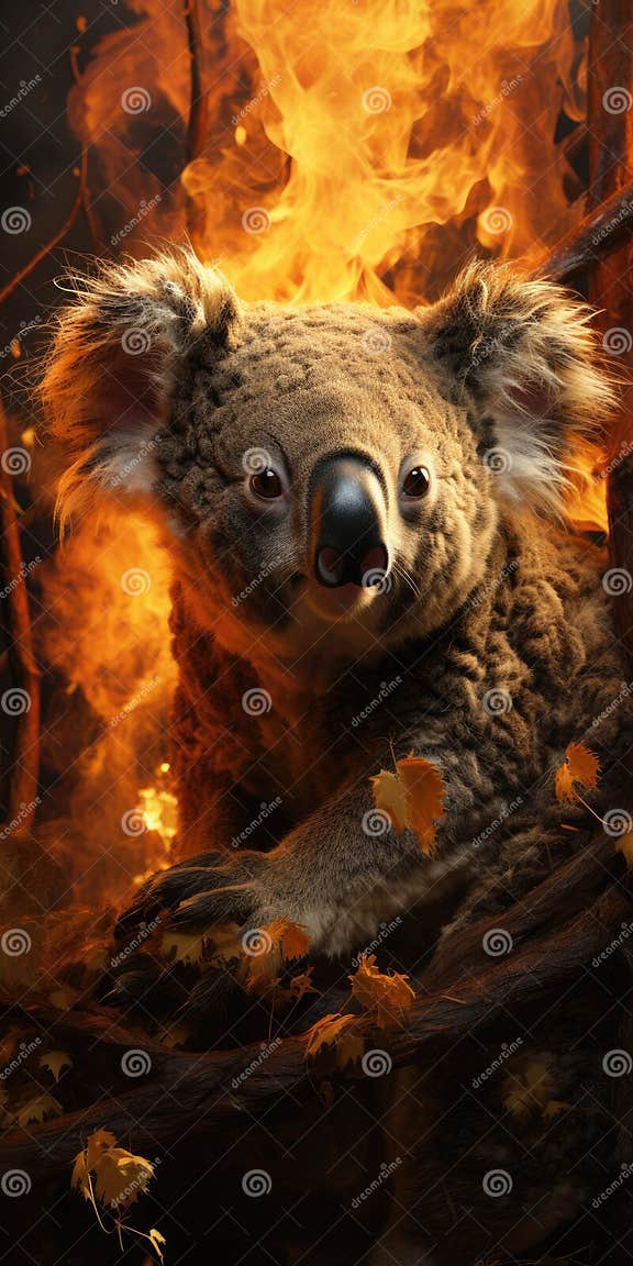Forest Fire, Disasters. Koala on a Tree in a Burning Forest. Generative ...