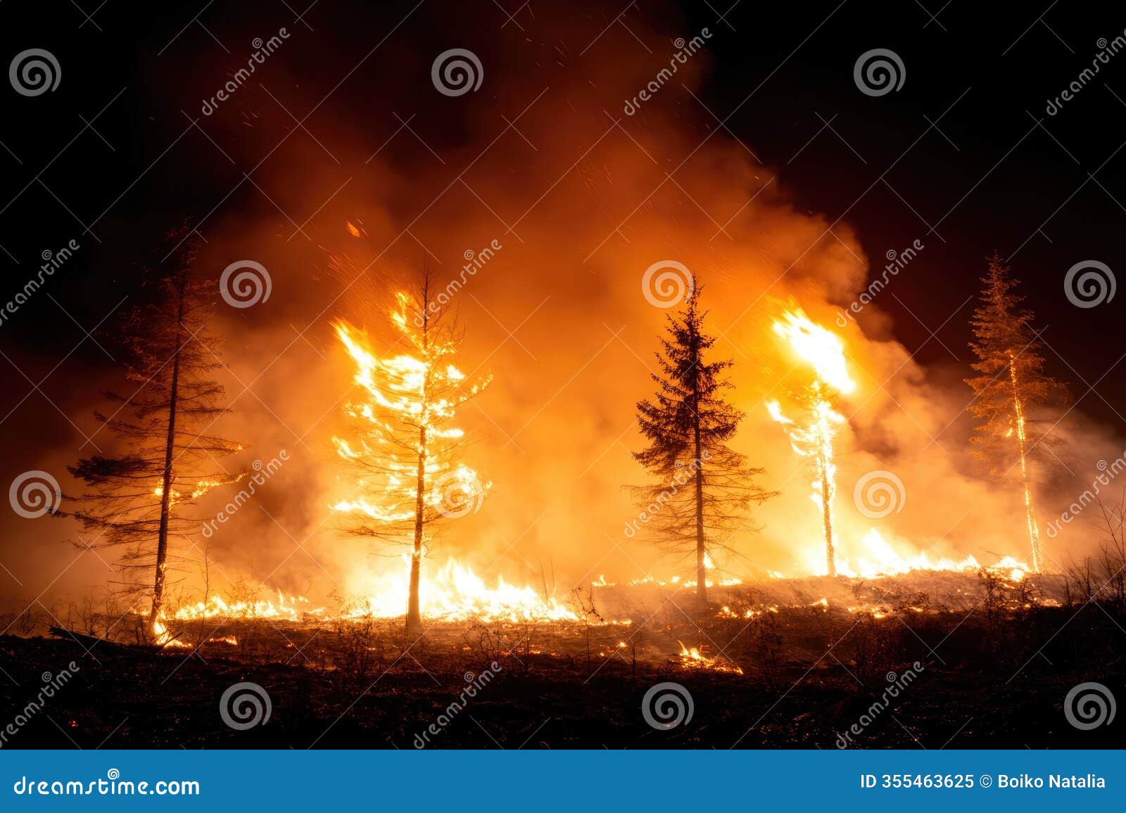 Forest Fire Engulfs Trees at Night with Flames Lighting Up the Dark Sky ...