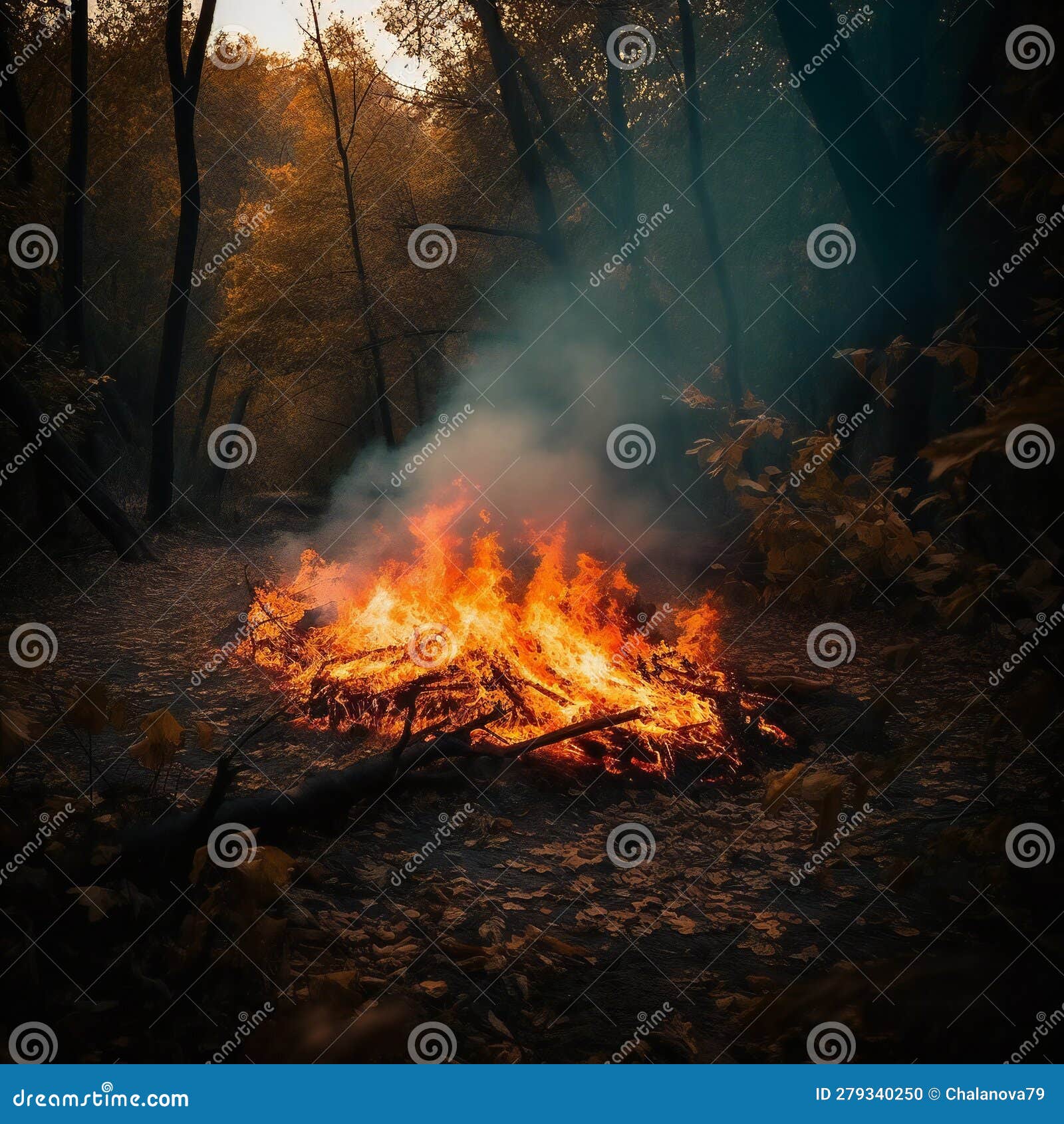 Forest Fire. Fallen Tree is Burned To the Ground a Lot of Smoke when ...