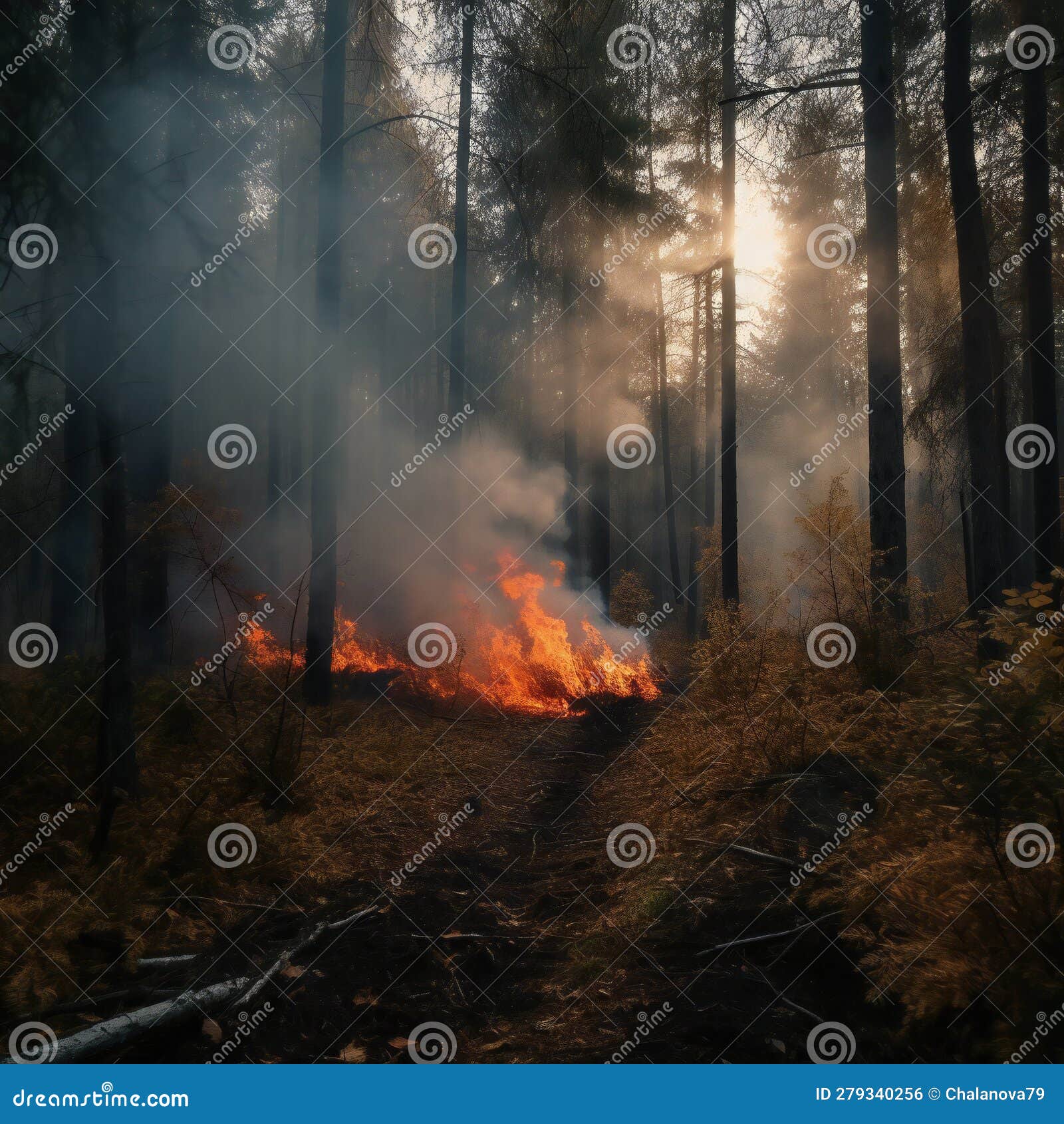 Forest Fire. Fallen Tree is Burned To the Ground a Lot of Smoke when ...
