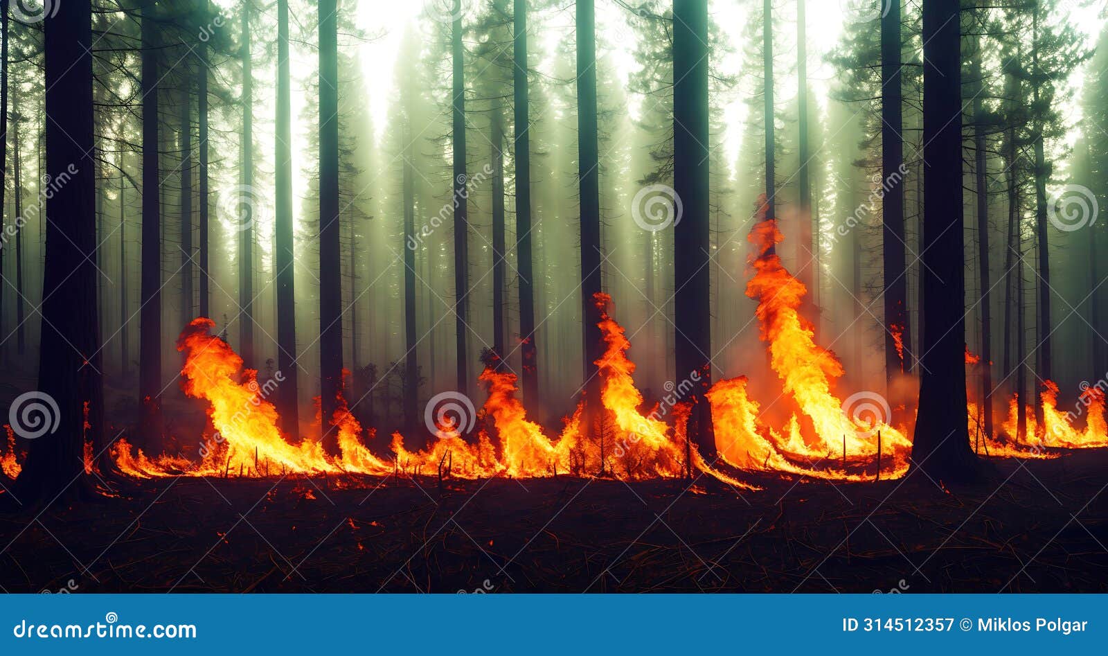 A Forest on Fire with Flames and Smoke Rising from the Trees. the ...