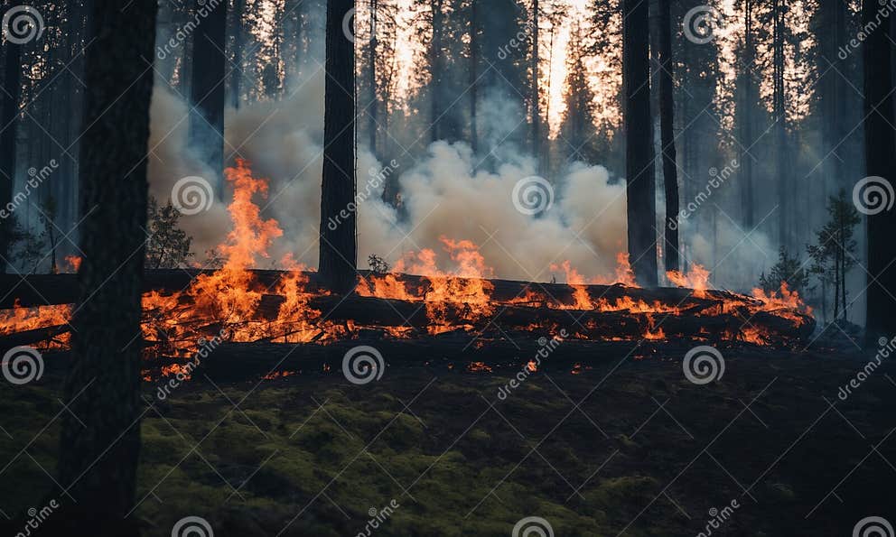 Forest Fire in the Forest. Burning Pine Trees in the Forest. Stock ...