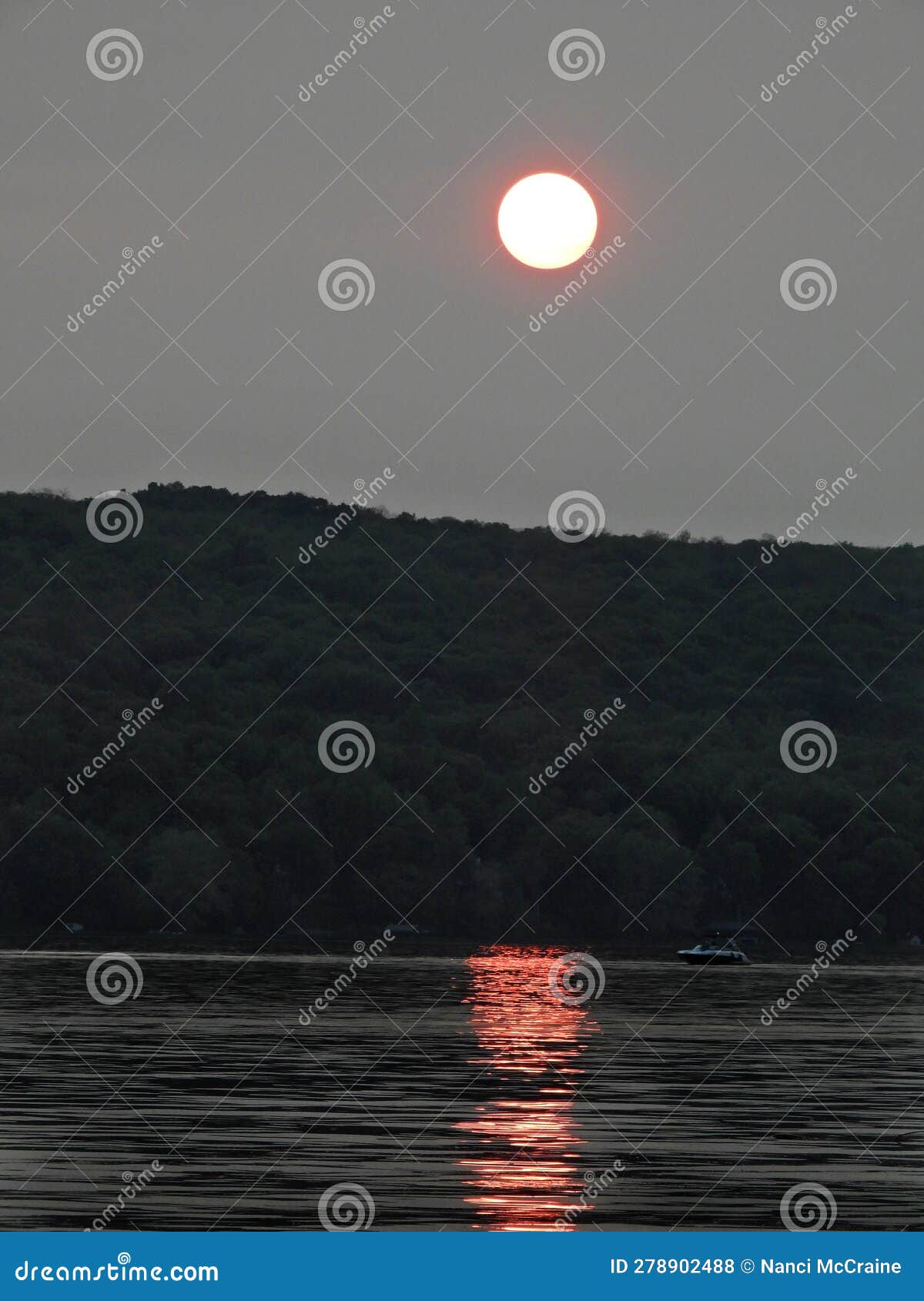 Forest Fire Smoke Creates Orange Sunset on Cayuga Lake Stock Photo ...