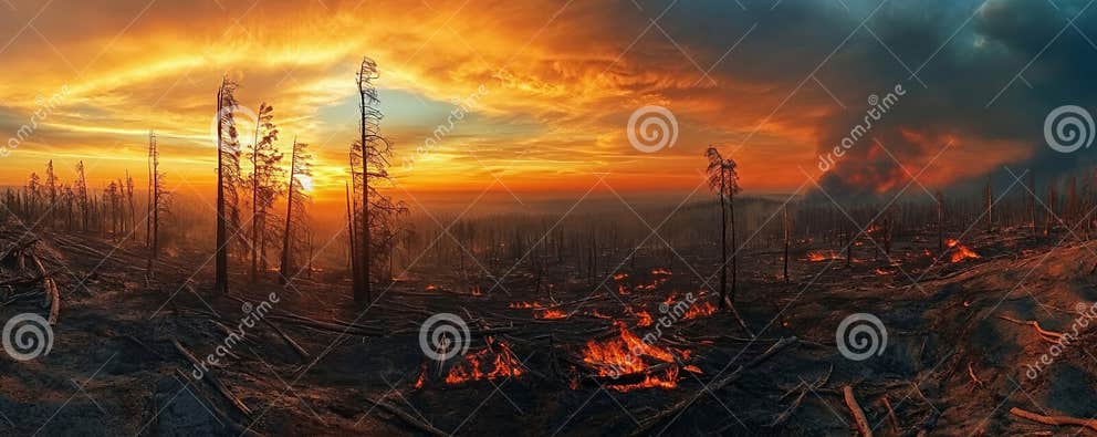 Forest Fire Landscape with Burning Trees at Sunset, Environmental ...