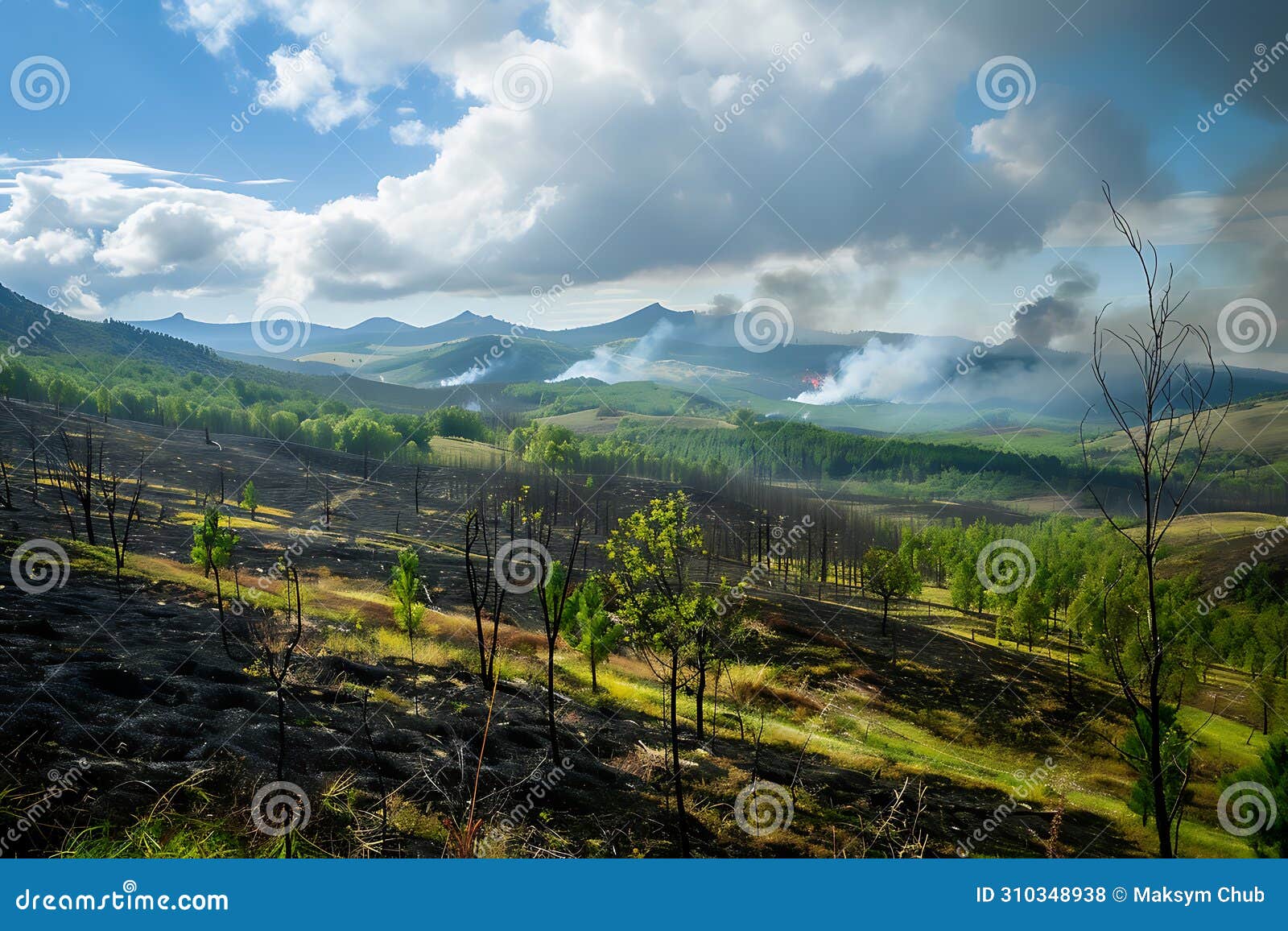 Forest Fire on Mountain Creating Smoke Clouds in Natural Landscape ...